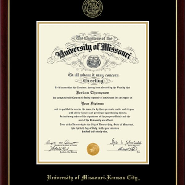 Black and Gold mat UMKC Diploma Frame Gold Embosses Seal Galleria Wood